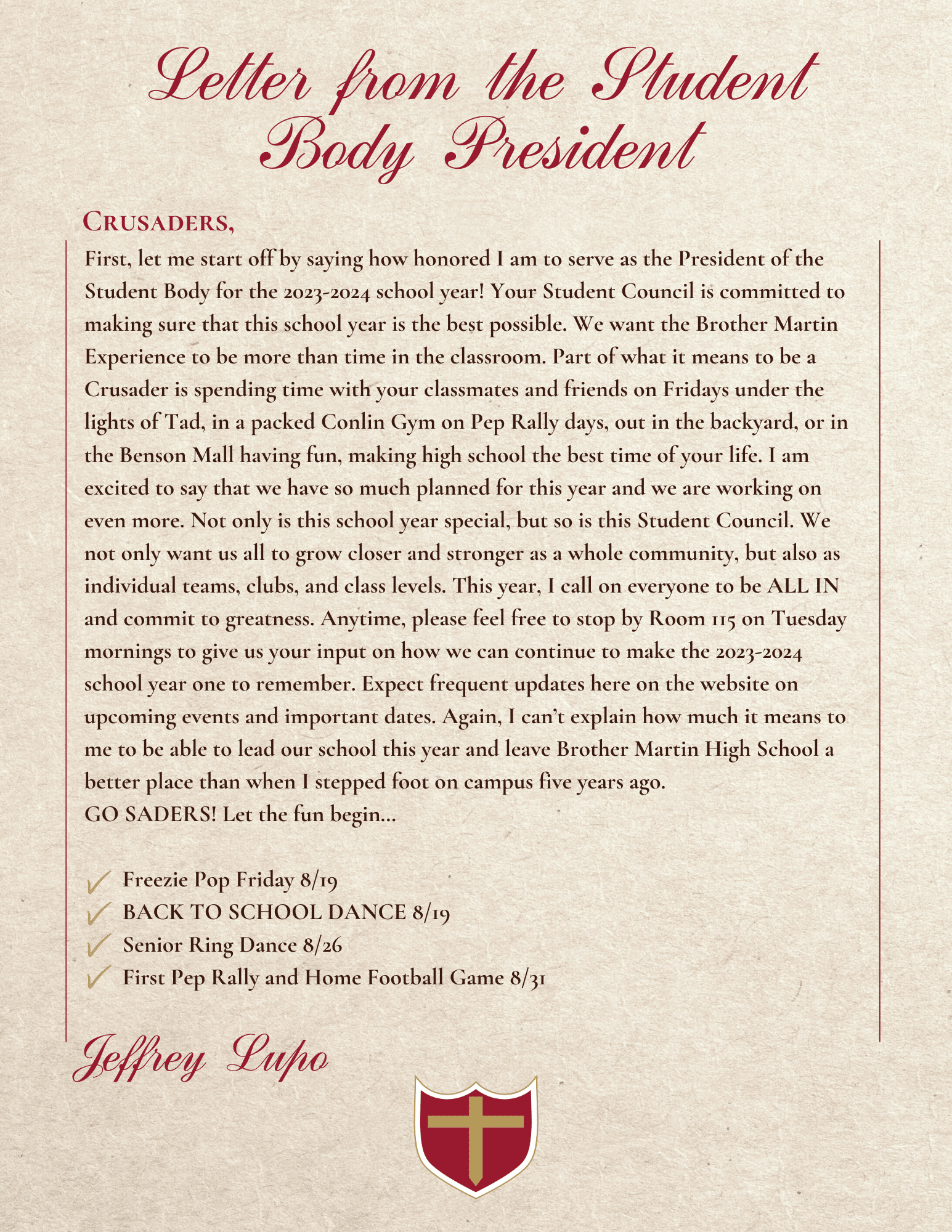 Letters from the Student Council - Brother Martin High School